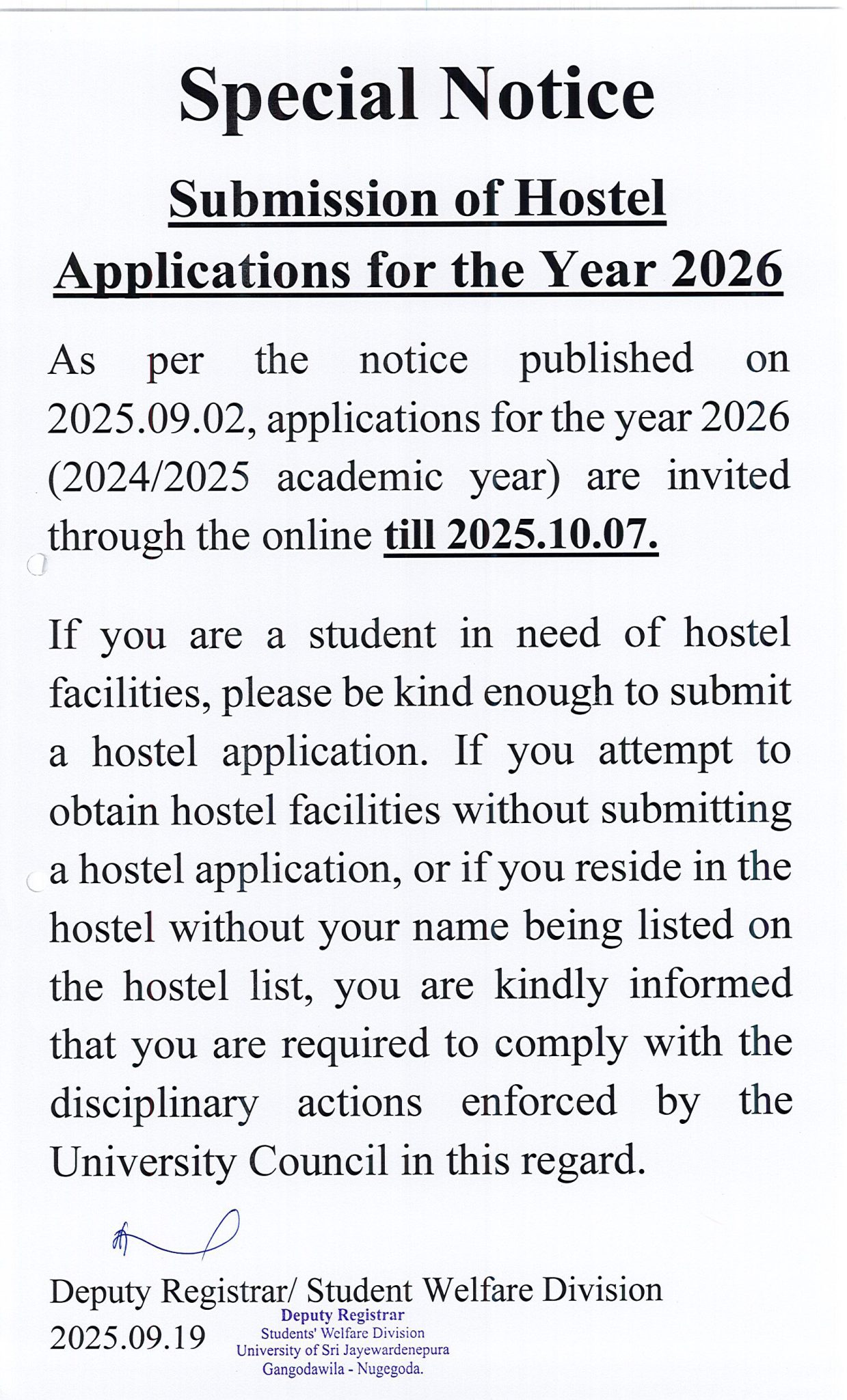 Submission of Hostel Applications for the Year 2026 – Faculty of ...